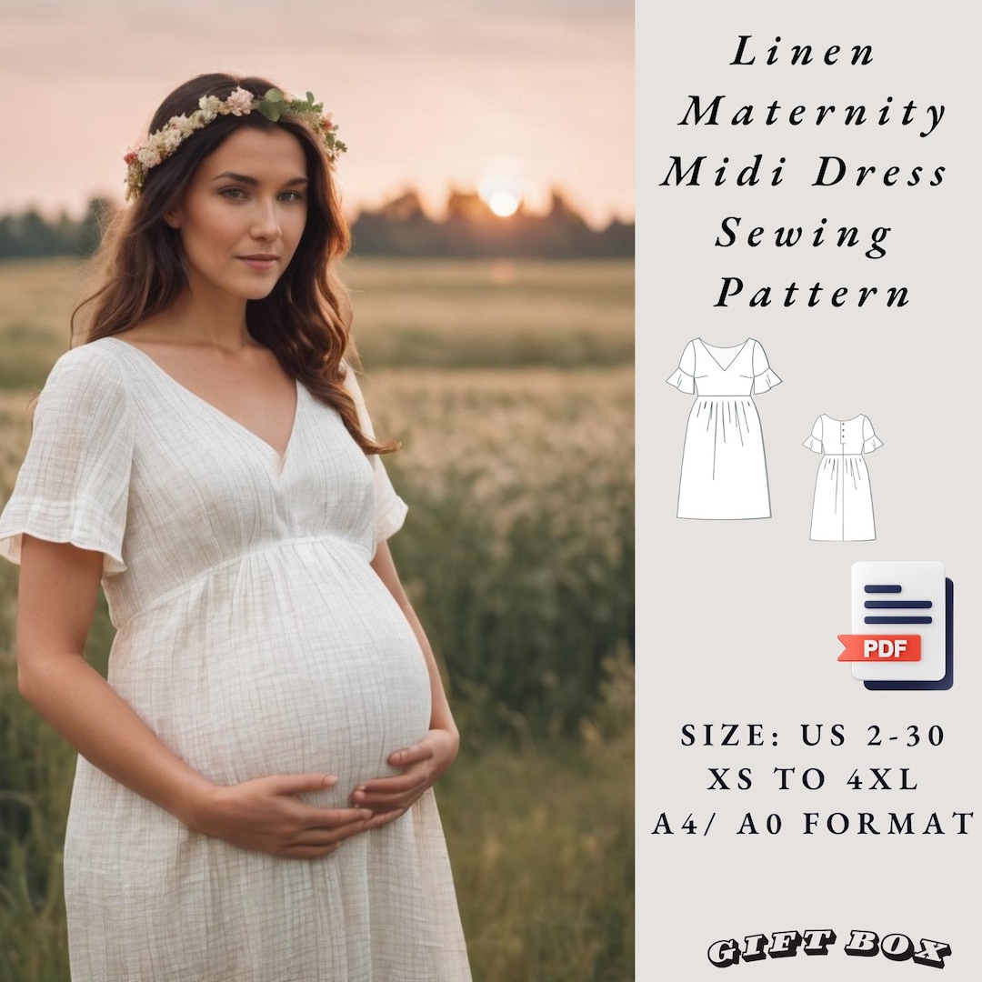 Linen Maternity Gown Dress Sewing Pattern, Ladies Size 2 to 30-A4-US ...
