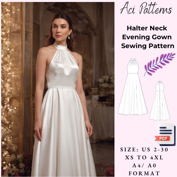 Halter Neck Evening Gown Sewing Pattern, Halter Neck Dress, Prom Dress ...