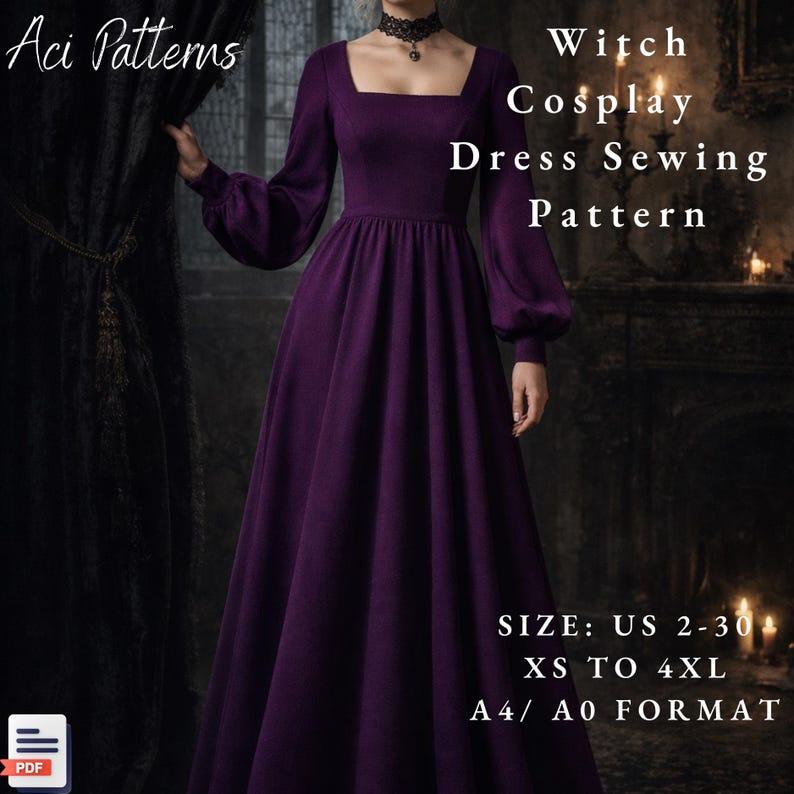 Square Neck Witch Cosplay Dress Sewing Pattern, XS-4XL (A4/A0 FORMAT ...