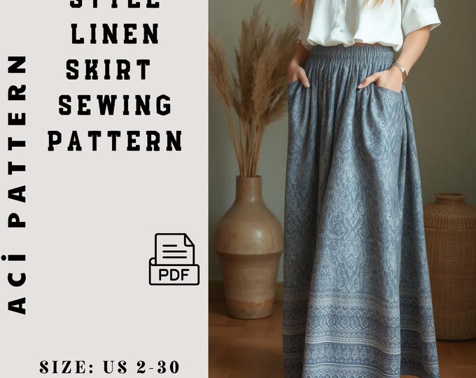 Linen Gathered Maxi Skirt Sewing Pattern, Cottagecore Skirt, Linen ...