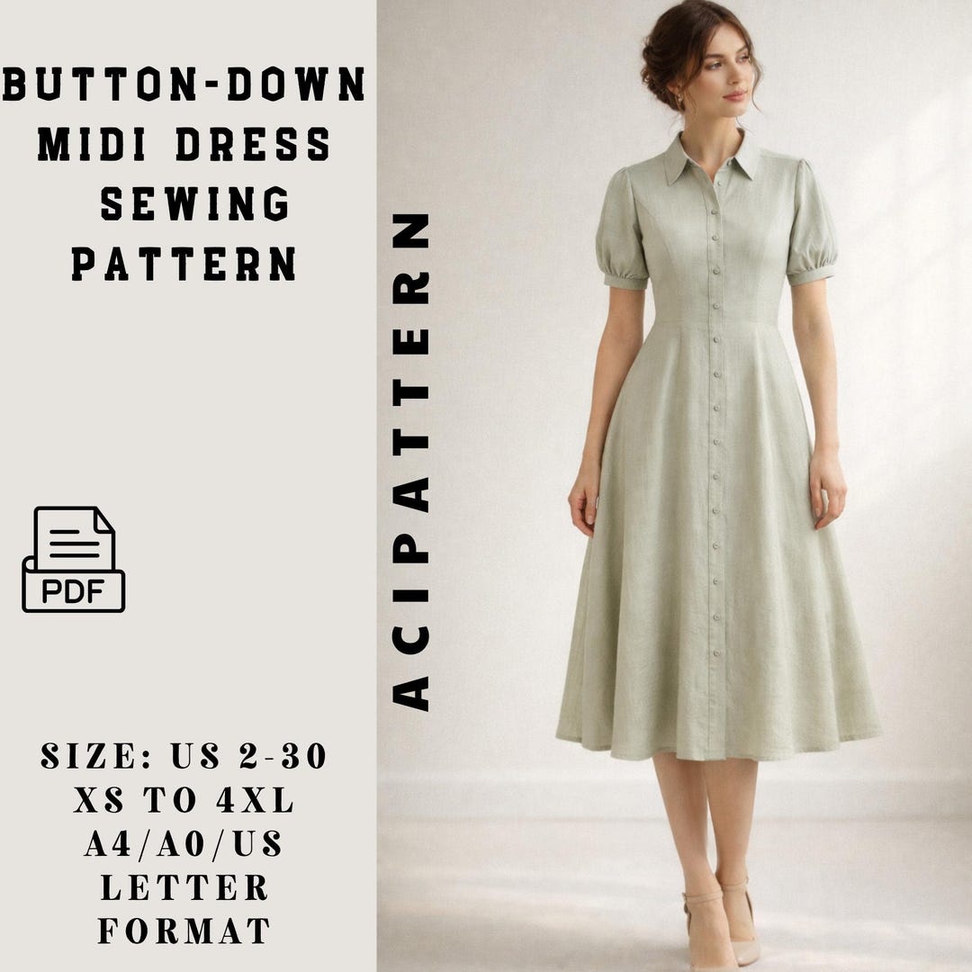 Button Front Shirt Dress Sewing Pattern PDF, Vintage Midi Dress Pattern ...