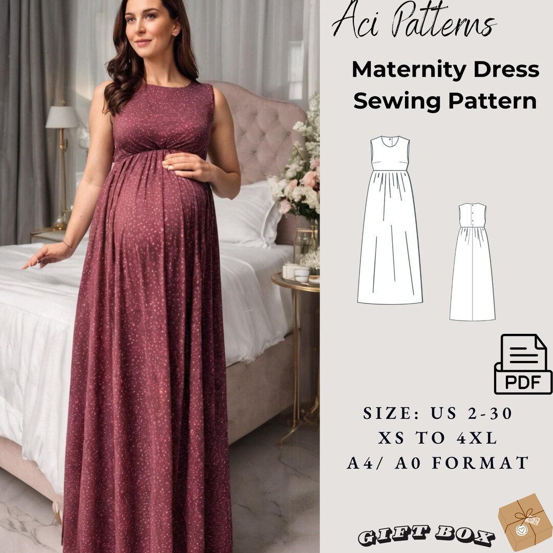 Maternity Gown Dress Sewing Pattern, Ladies Size 2 to 30-A4-US LETTER ...