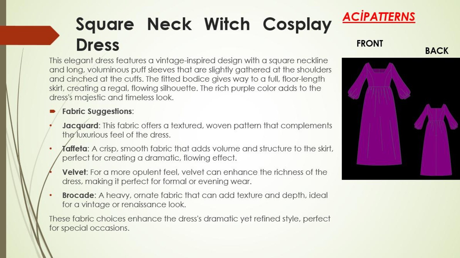 Square Neck Witch Cosplay Dress Sewing Pattern, XS-4XL (A4/A0 FORMAT ...