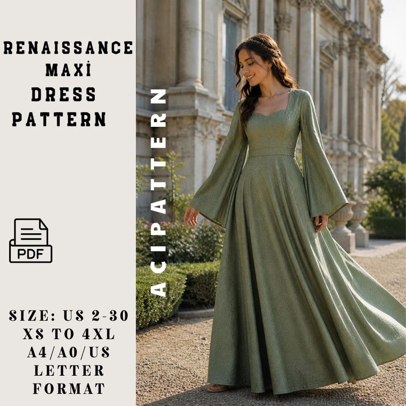 Renaissance Dress Pattern PDF, Medieval Gown Sewing Pattern, Long ...