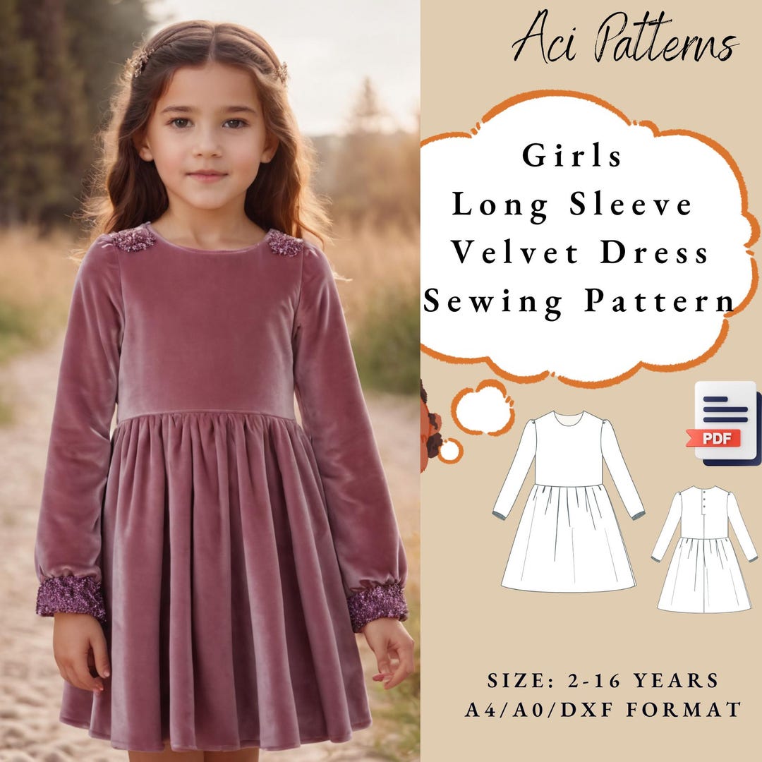 Girl Long Sleeve Velvet Dress Sewing Pattern,kids Dress Sewing Pattern ...