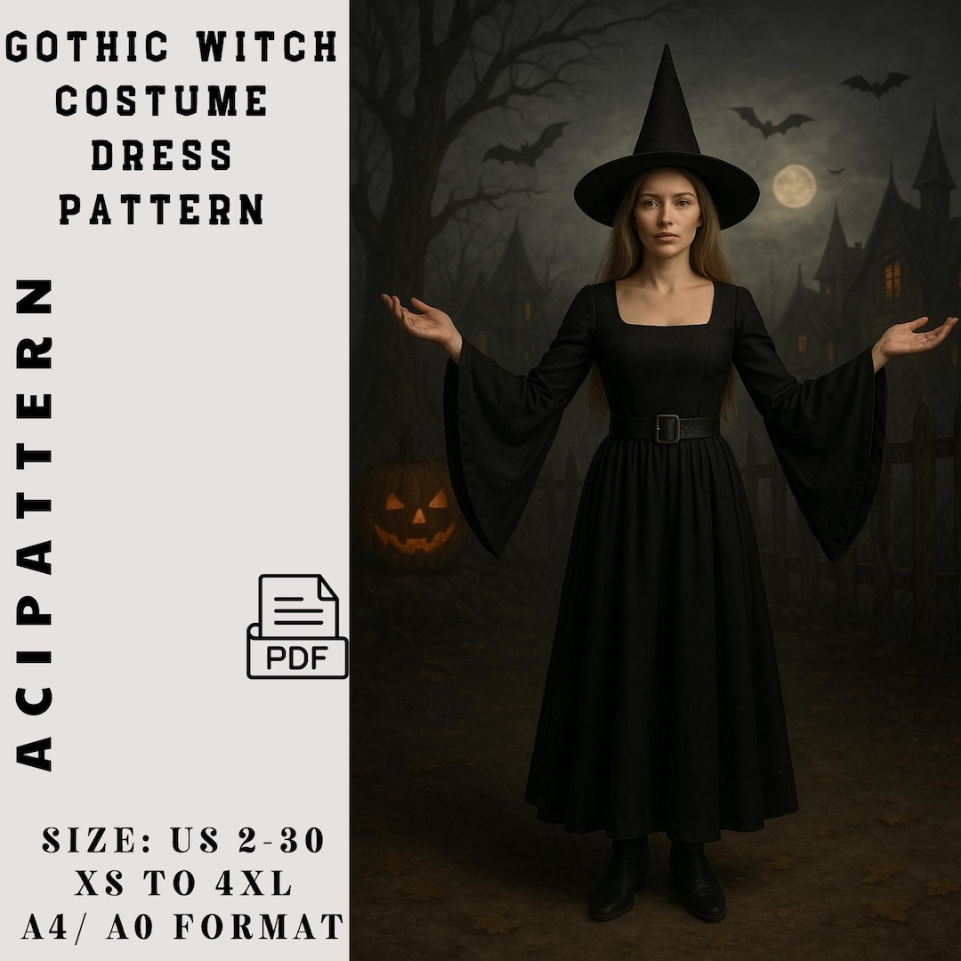 Gothic Witch Costume Dress Pattern-bell Sleeve Long Black Maxi Dress ...