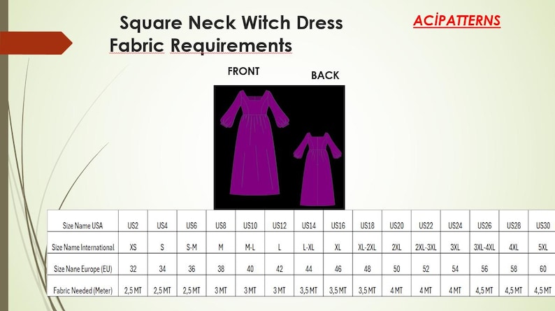 Square Neck Witch Cosplay Dress Sewing Pattern, XS-4XL (A4/A0 FORMAT ...