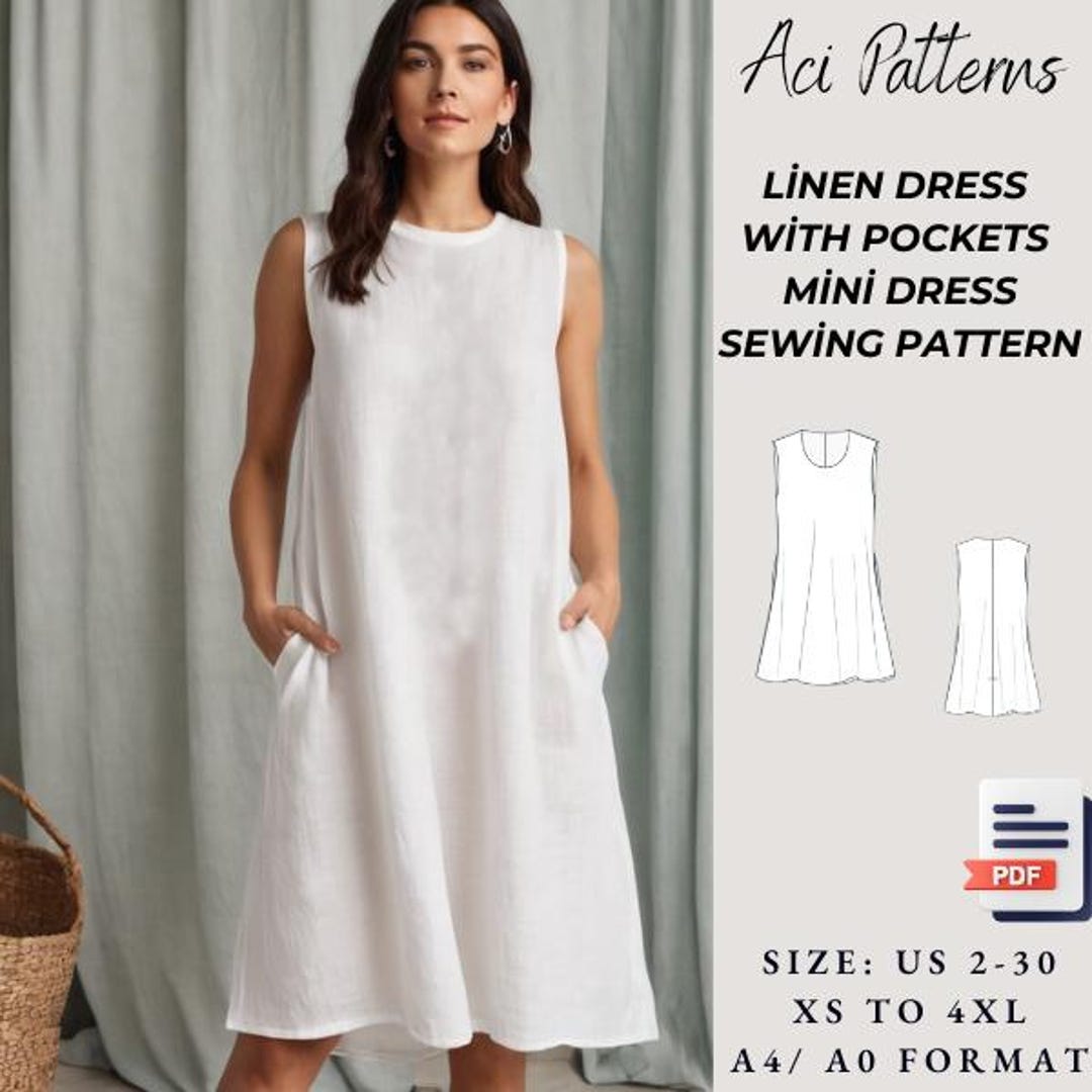 Linen Dress With Pockets Mini Dress Sewing Pattern Digital PDF Sewing ...