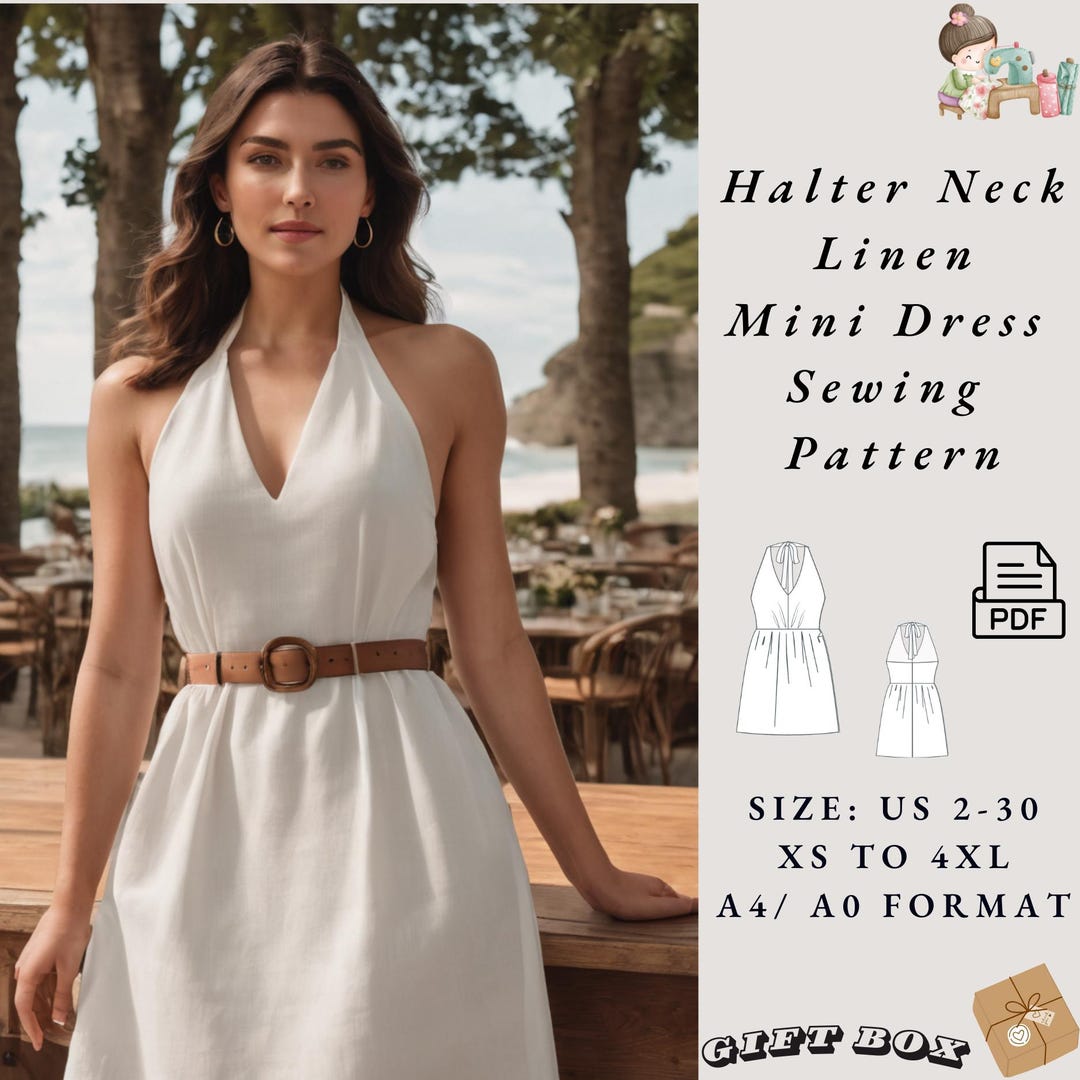 Halter Neck Linen Dress Sewing Pattern, Women's Size 2-30 (PDF Pattern ...