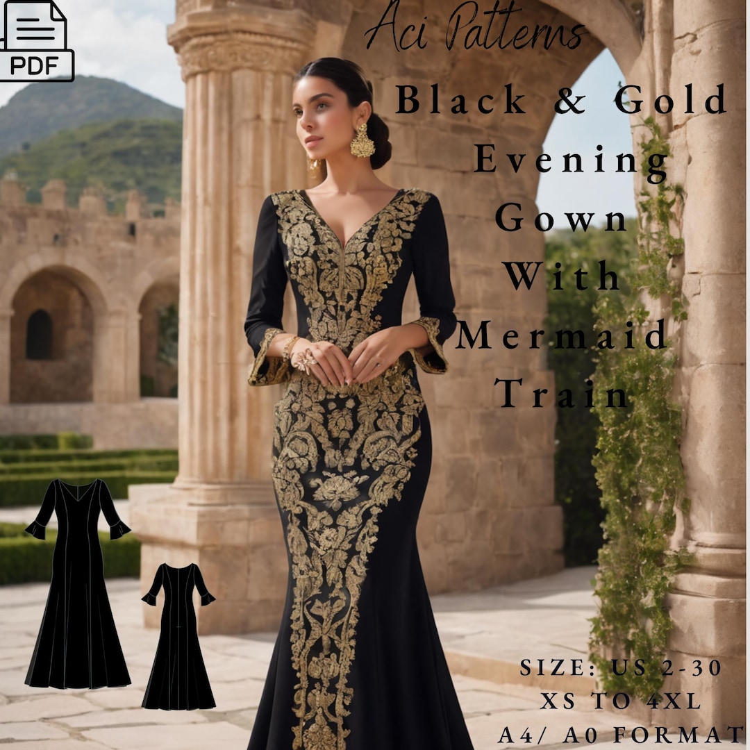 Black & Gold Evening Gown With Mermaid Train,gold Dresses for Events ...