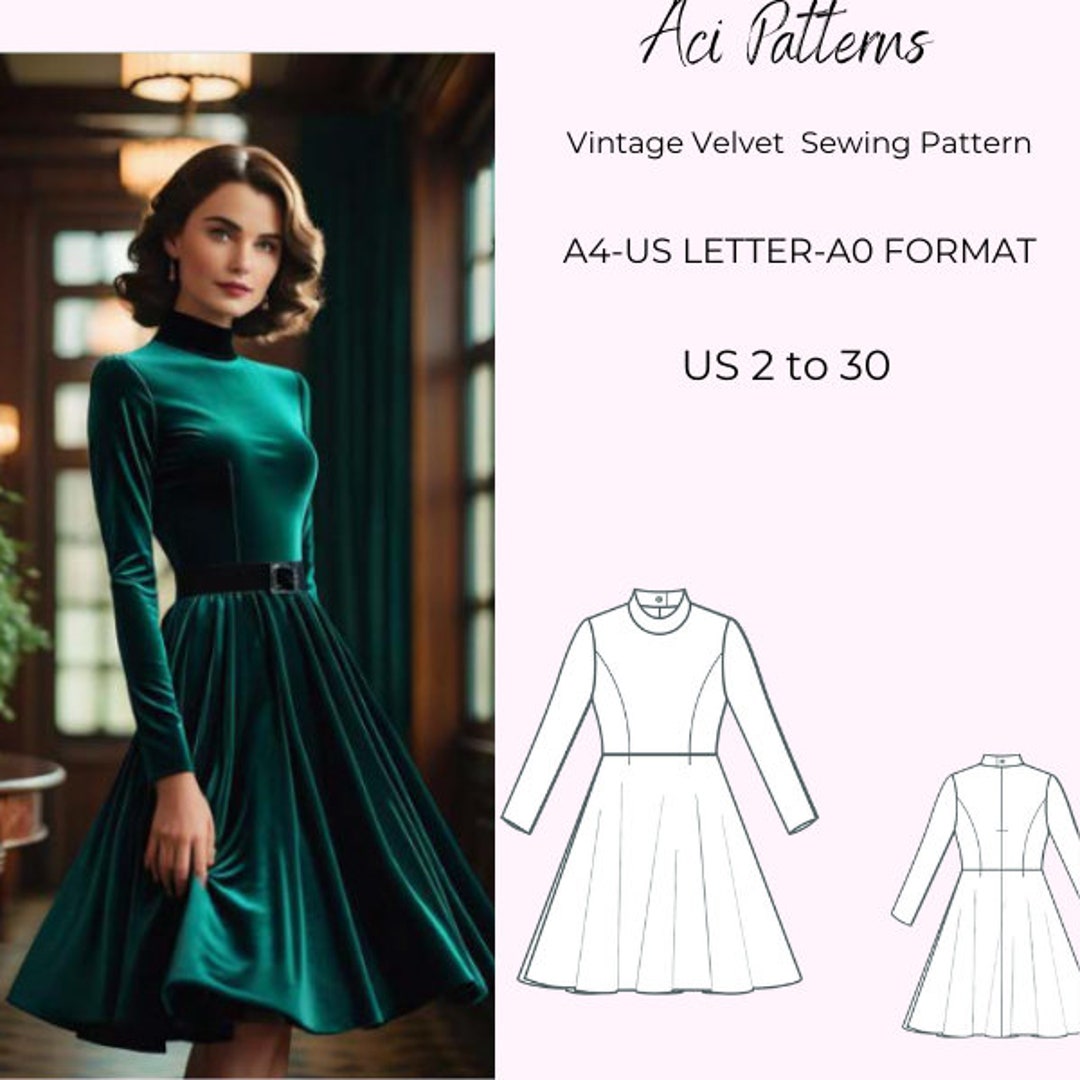 Vintage Velvet Dress,sewing Pattern Ladies Size 2 to 30-A4-US LETTER-A0 ...