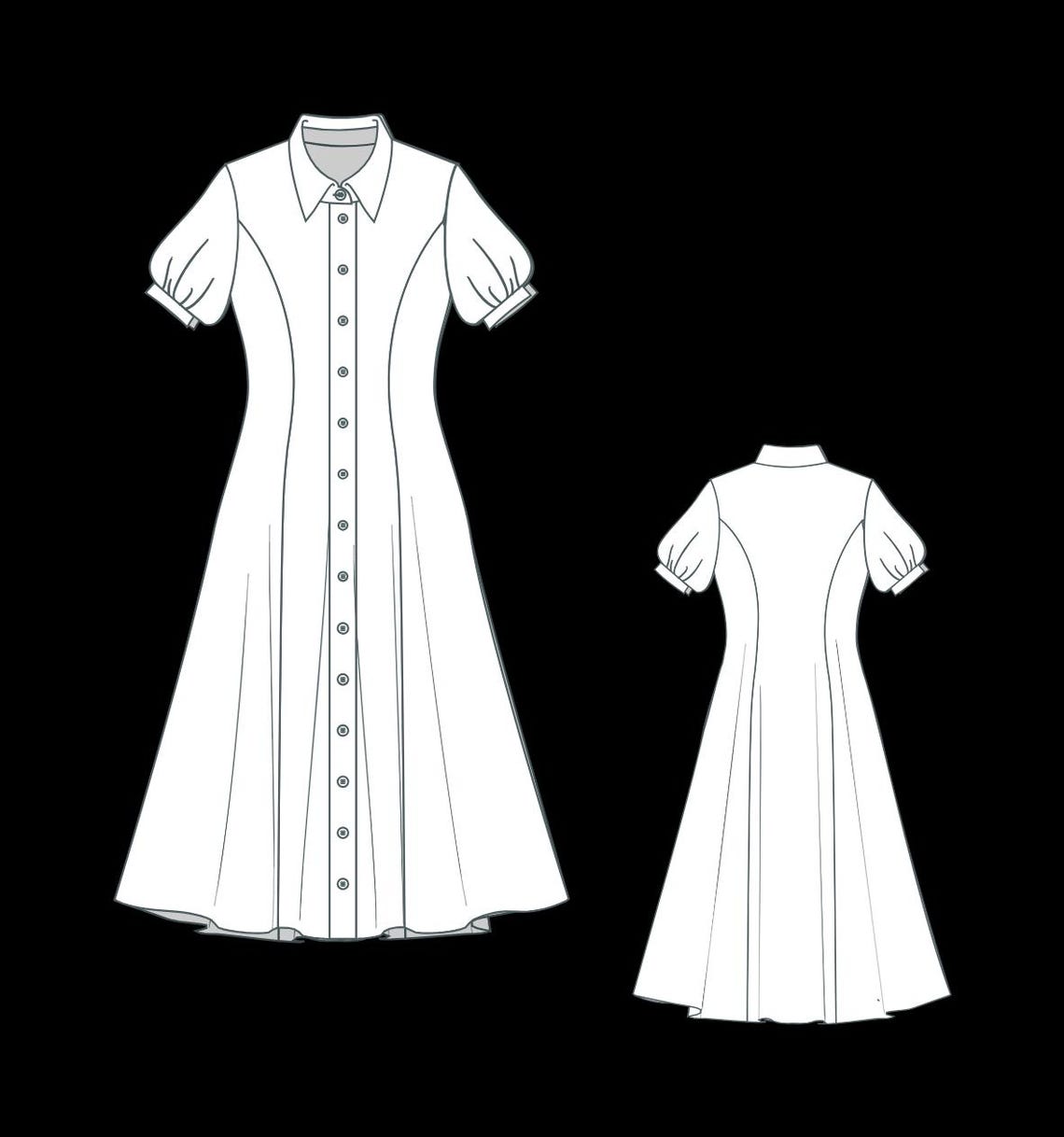 Button Front Shirt Dress Sewing Pattern PDF, Vintage Midi Dress Pattern ...