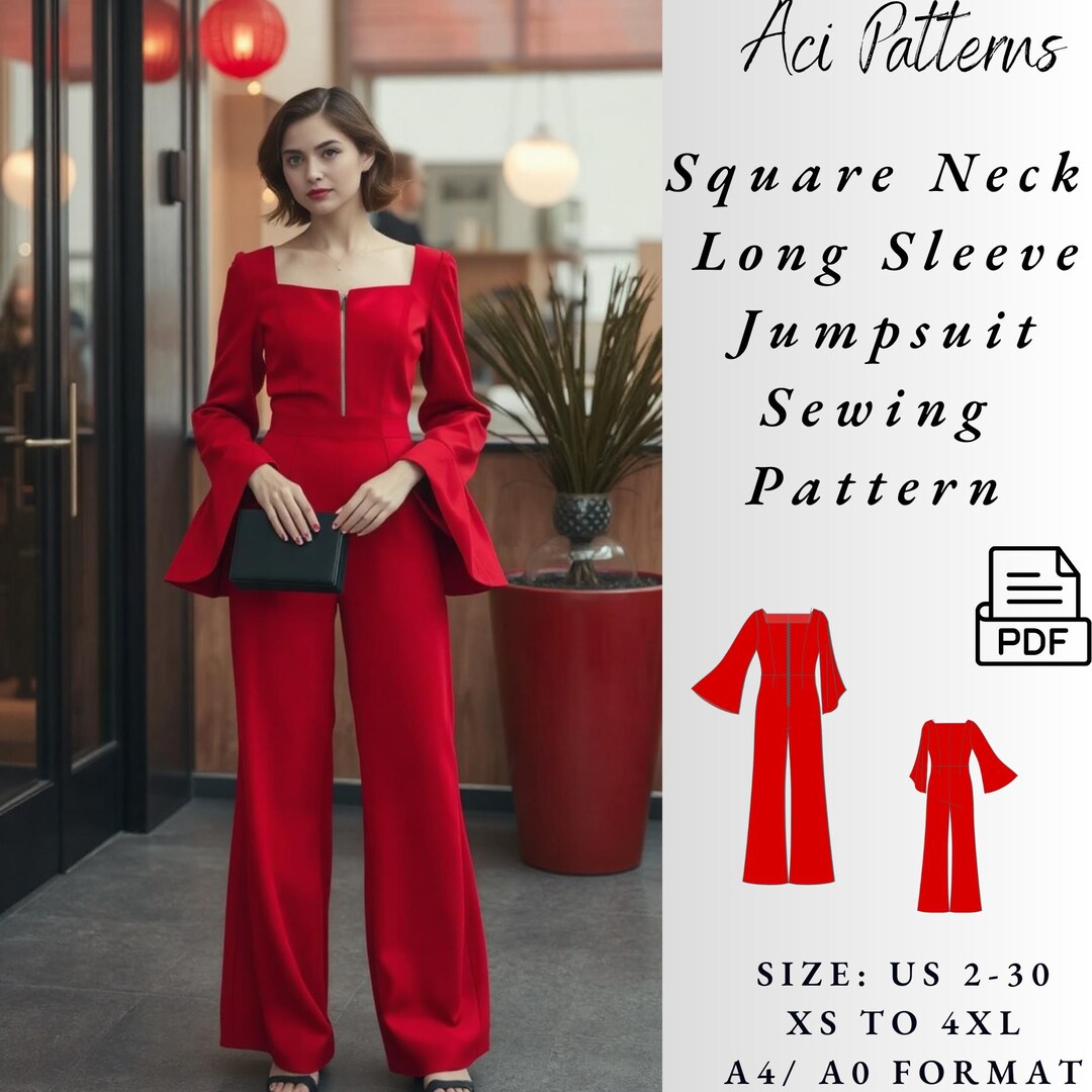 Square Neck Long Bell Sleeve Palazzo Jumpsuit Pattern, Formal Jumpsuit ...