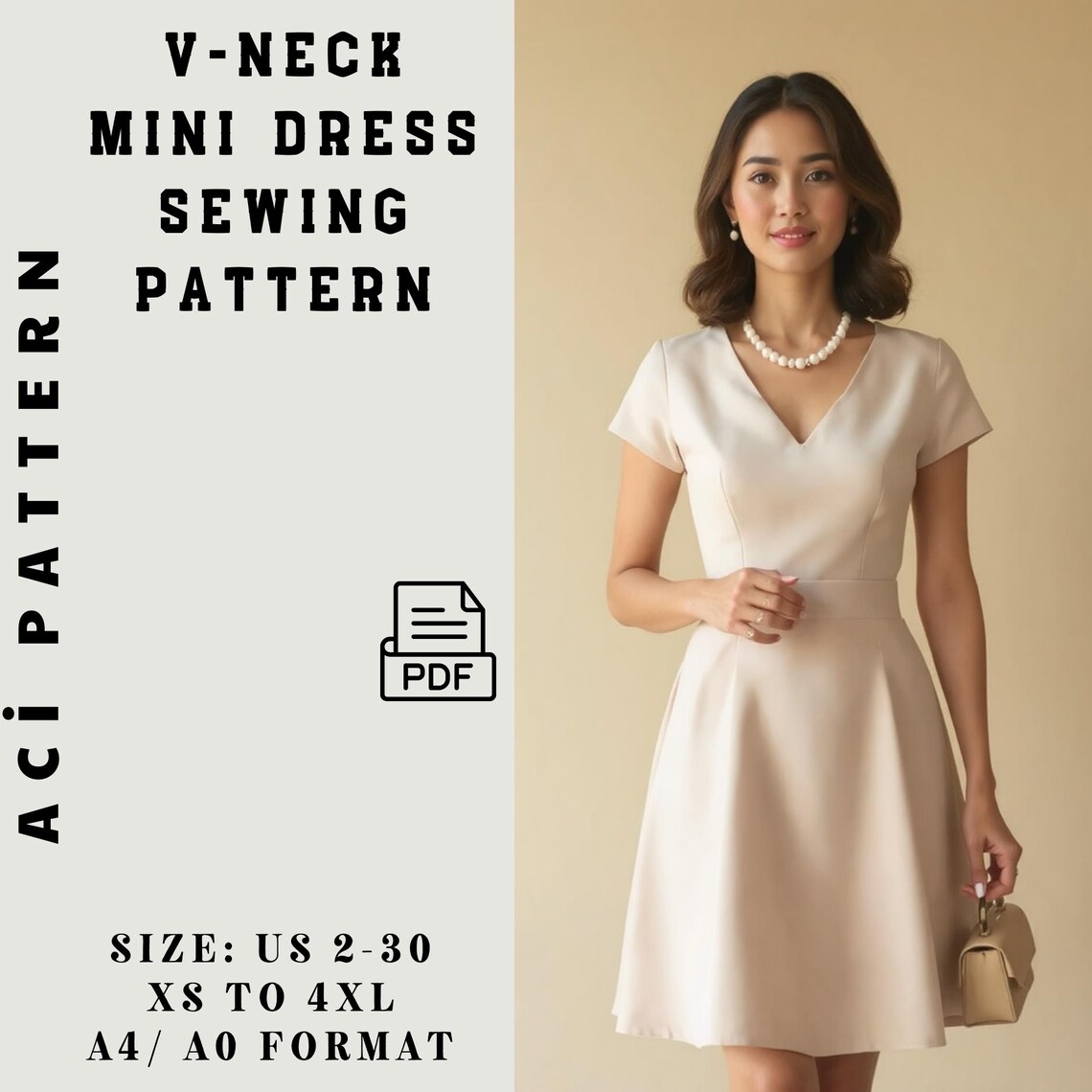 V Neck Mini Dress -V Neck Sewing Dress Pattern- Easy Sewing PDF Pattern ...