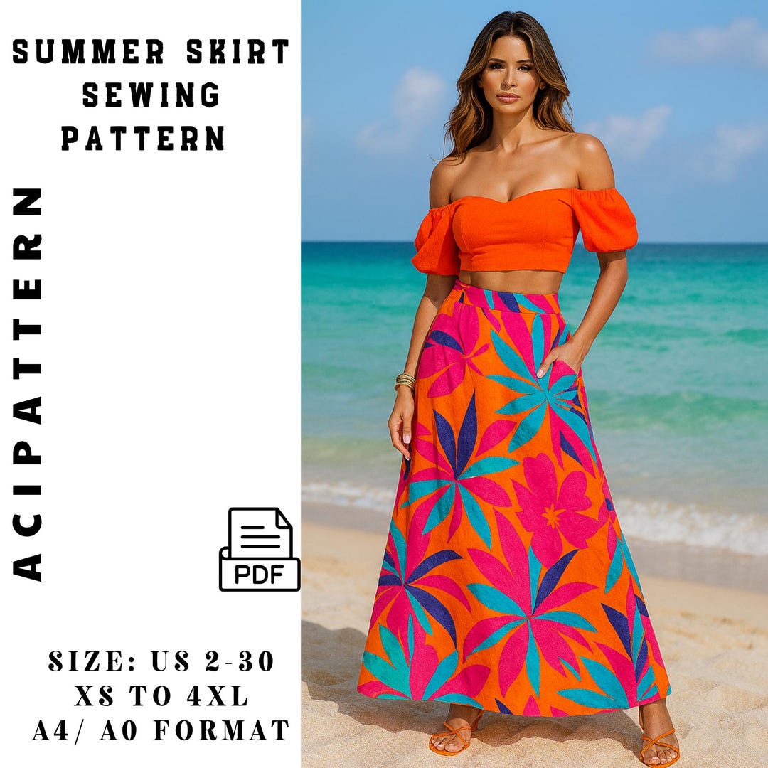 Maxi Skirt Sewing Pattern PDF | High-waisted Tropical Long Skirt With ...