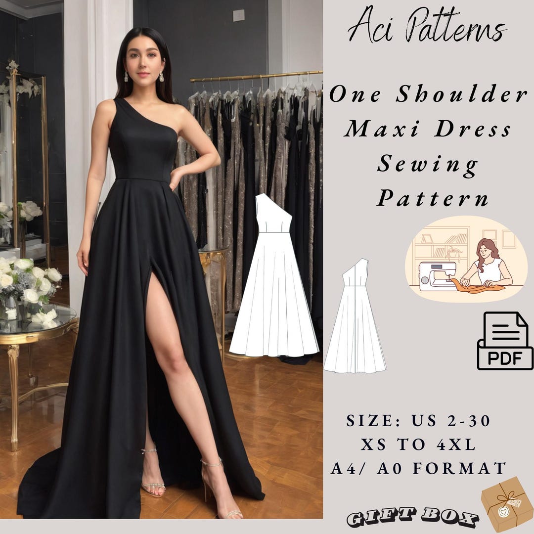 One-shoulder Maxi Dress Pattern | Women's Dress Sewing Pattern | Slit ...