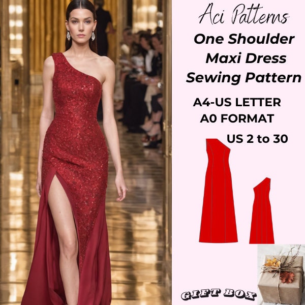 One Shoulder Prom Dress Sewing Pattern, Bodycon Maxi Evening Dress ...
