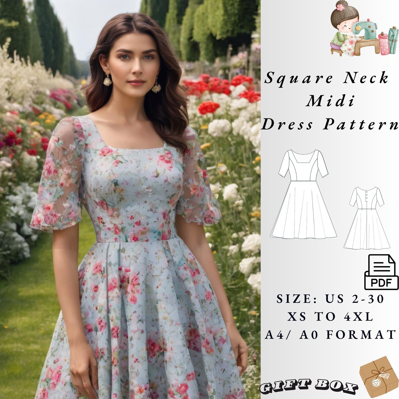 Sundress Square Neck Midi Bishop Sleeve Dress Sewing Pattern Size 2 to ...