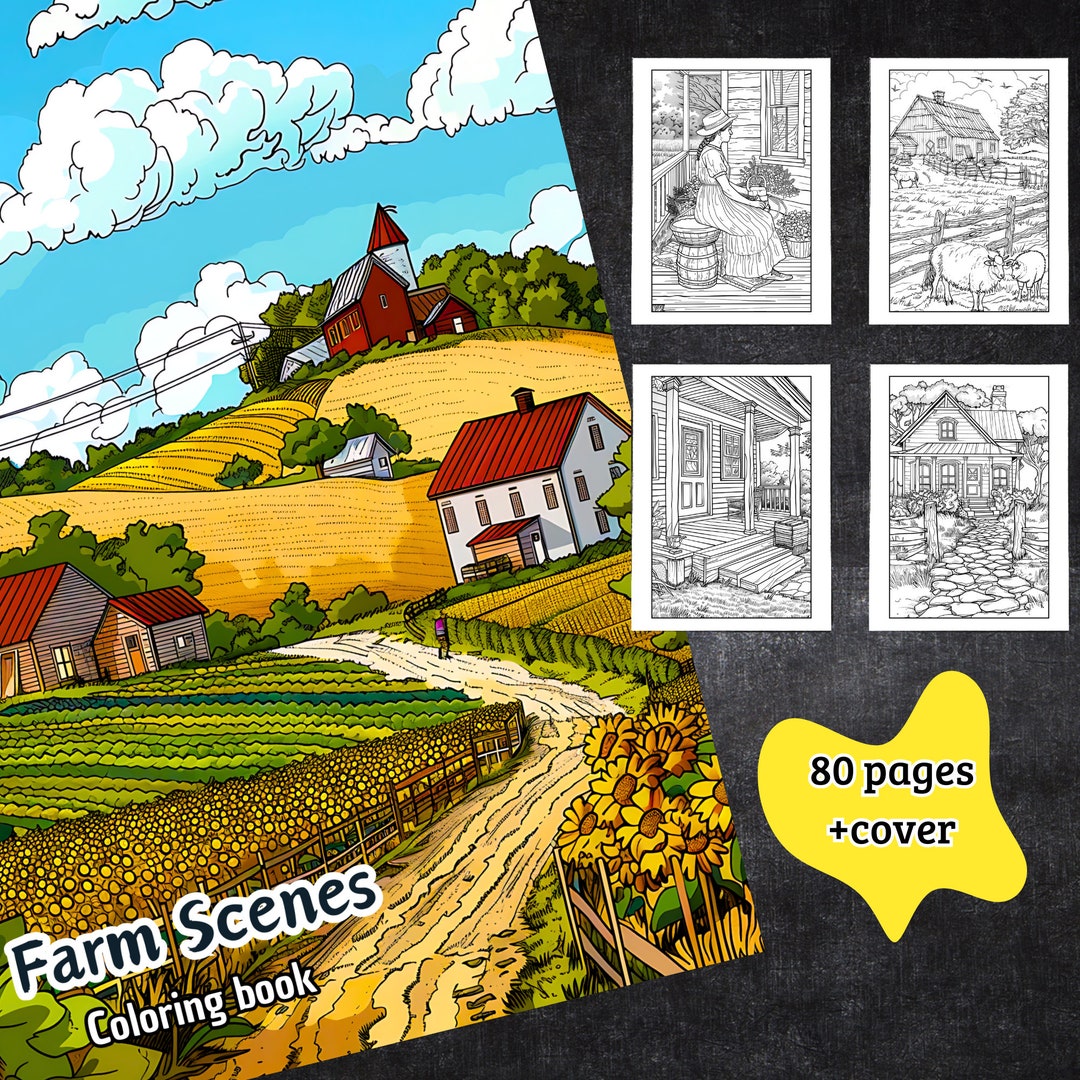 80 Farm Scenes Coloring Pages Adult and Kids Coloring Book Farm ...