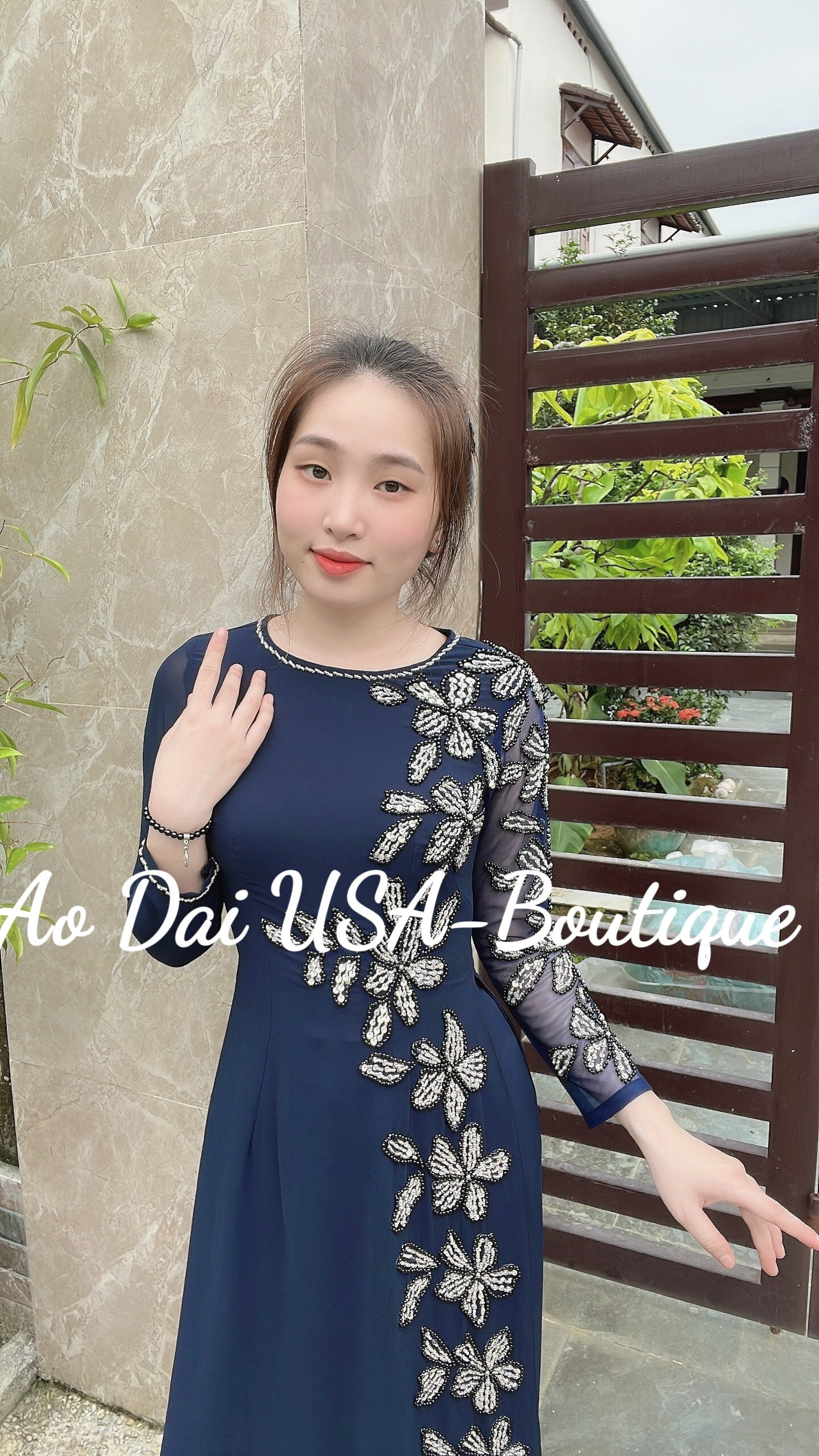 Set Ao Dai Thiet Ke/ao Dai Design Dark Blue Color/ Chiffon Double Layer ...