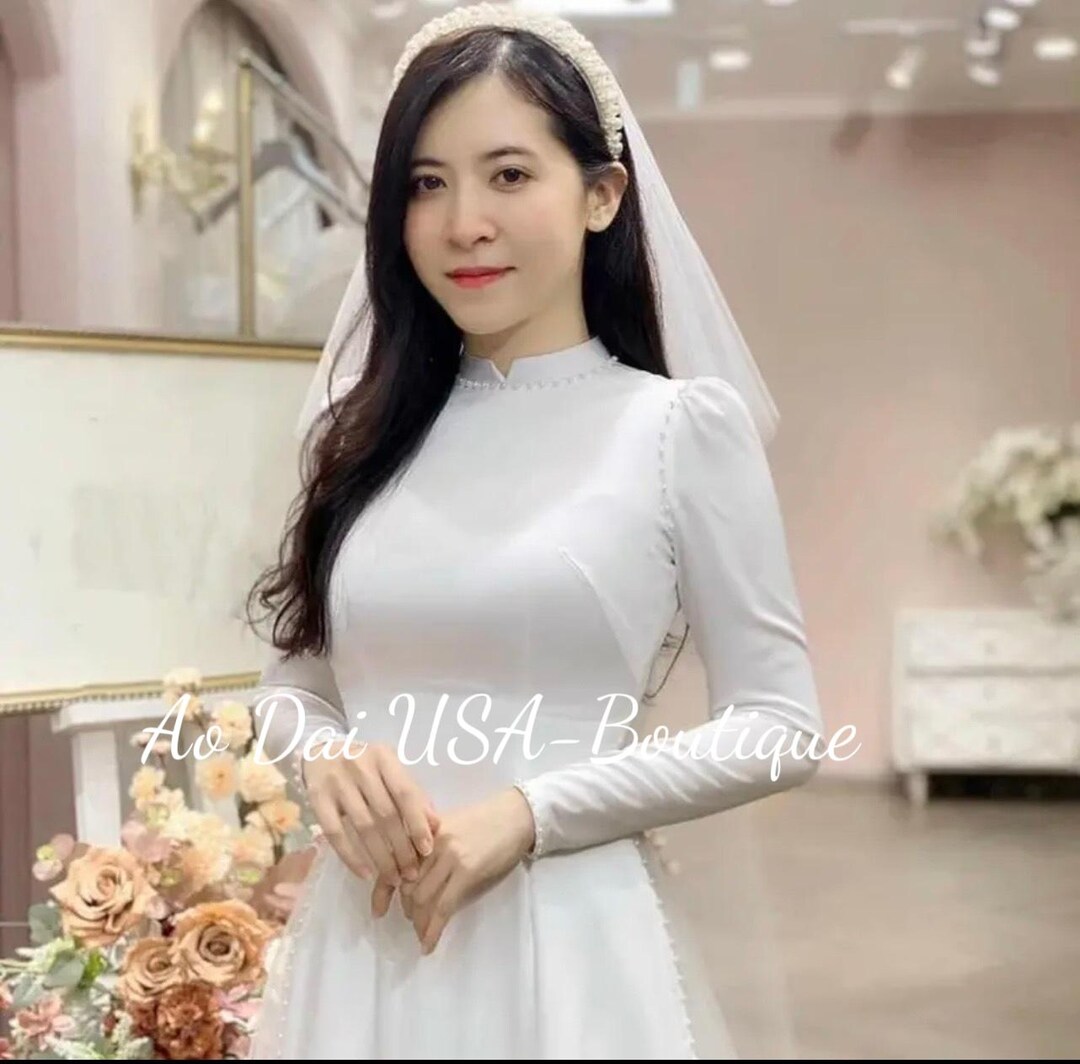 Set Ao Dai Lua Thái Tuấn/white Ao Dai White Ao Dai Set With Pearls Pre-made Vietnamese Long ...
