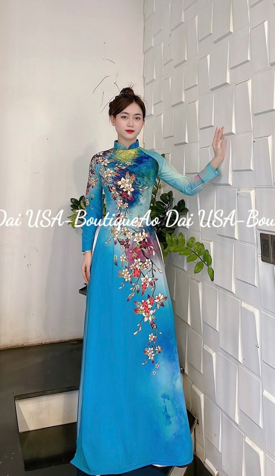 Set Lua Thai Tuan In/ao Dai for Her-flower Modernized Ao Dai Set White Pants Included/pre Made ...