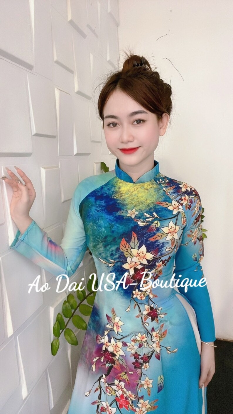 Set Lua Thai Tuan In/ao Dai for Her-flower Modernized Ao Dai Set White Pants Included/pre Made ...