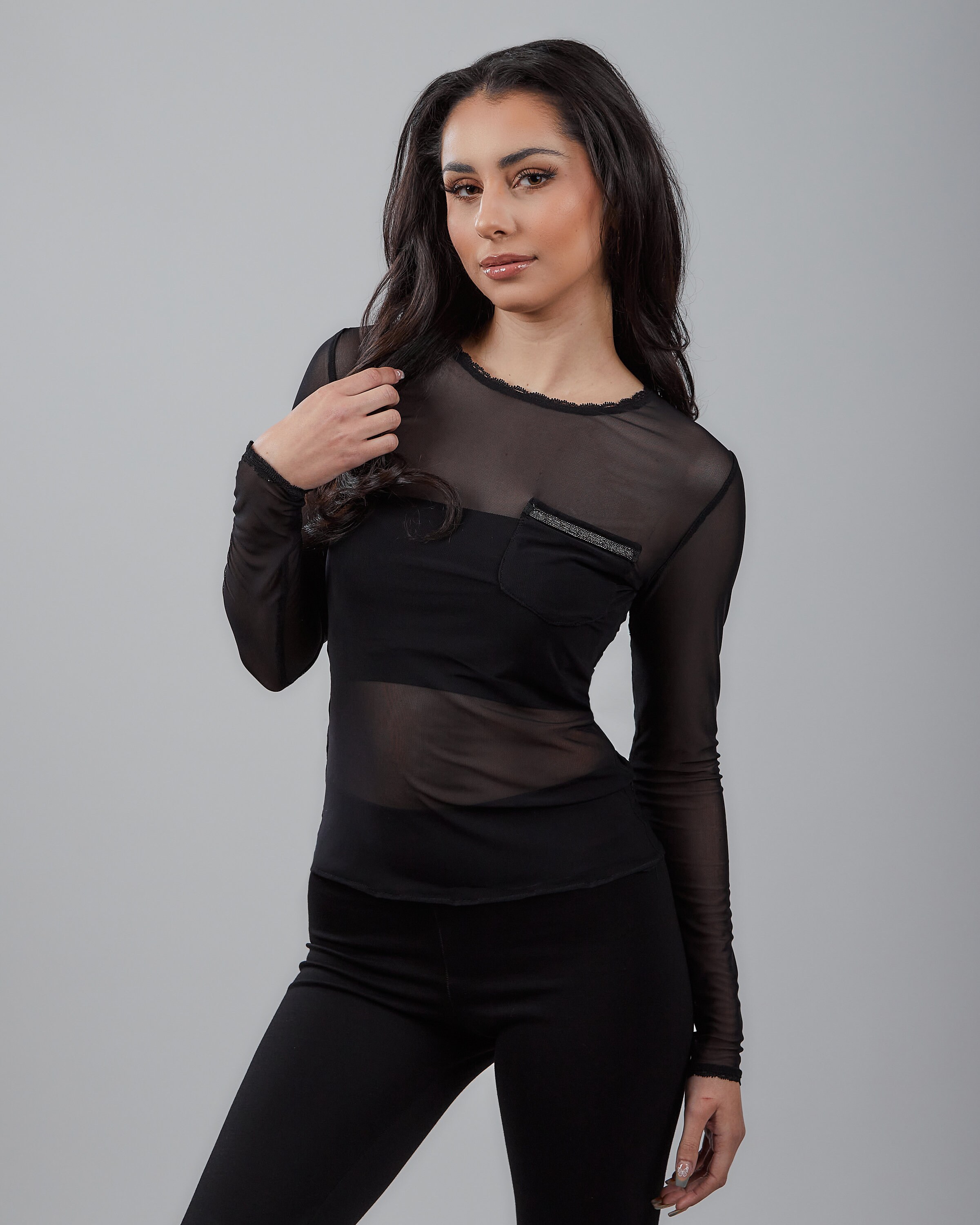 Long Sleeve Power Mesh Pocket T, Women's Clothing, Sheer Date Night ...