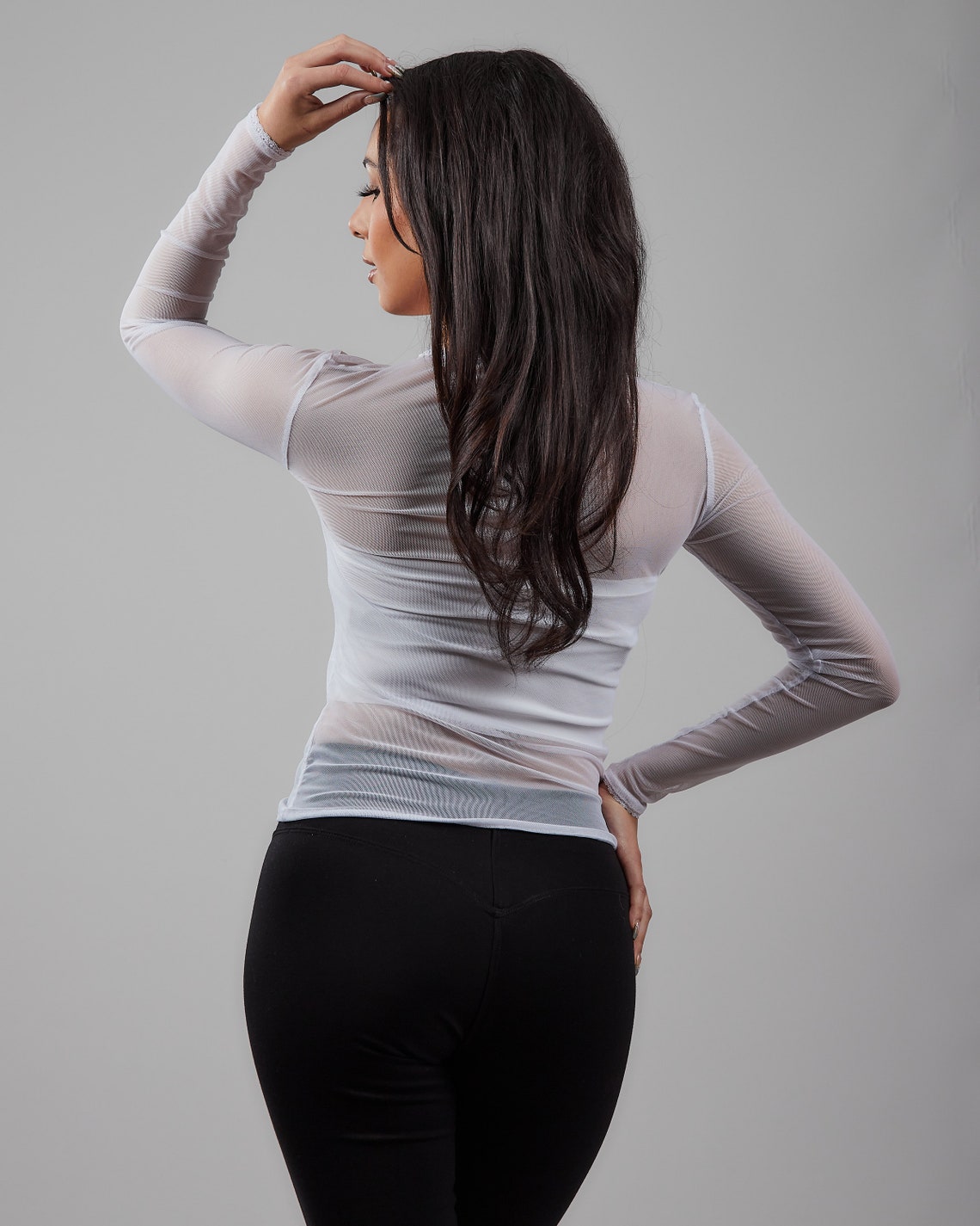 Long Sleeve Power Mesh Pocket T, Women's Clothing, Sheer Date Night ...