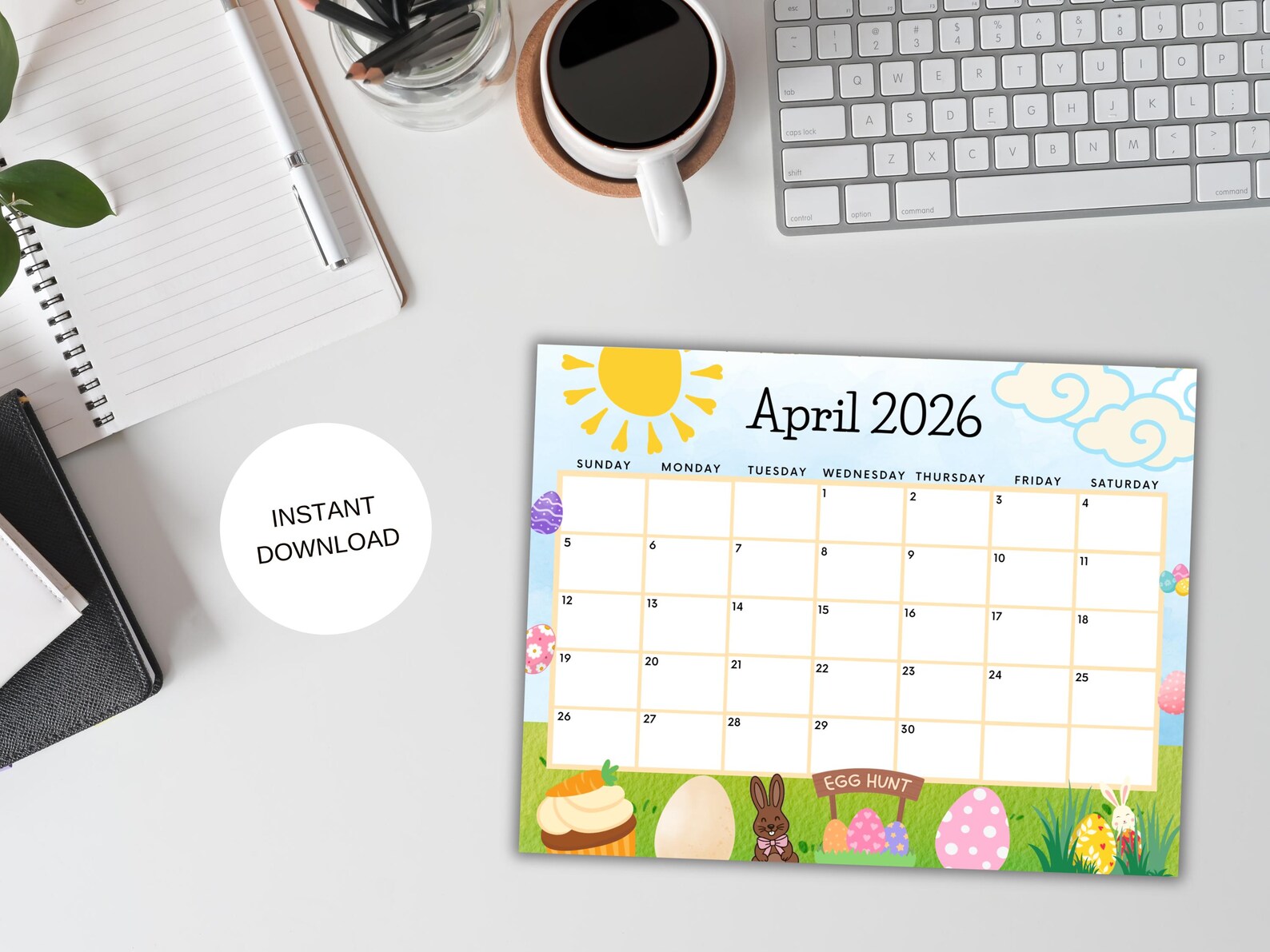 Editable April 2026 Calendar, Easter Printable Calendar W/ Sunshine ...