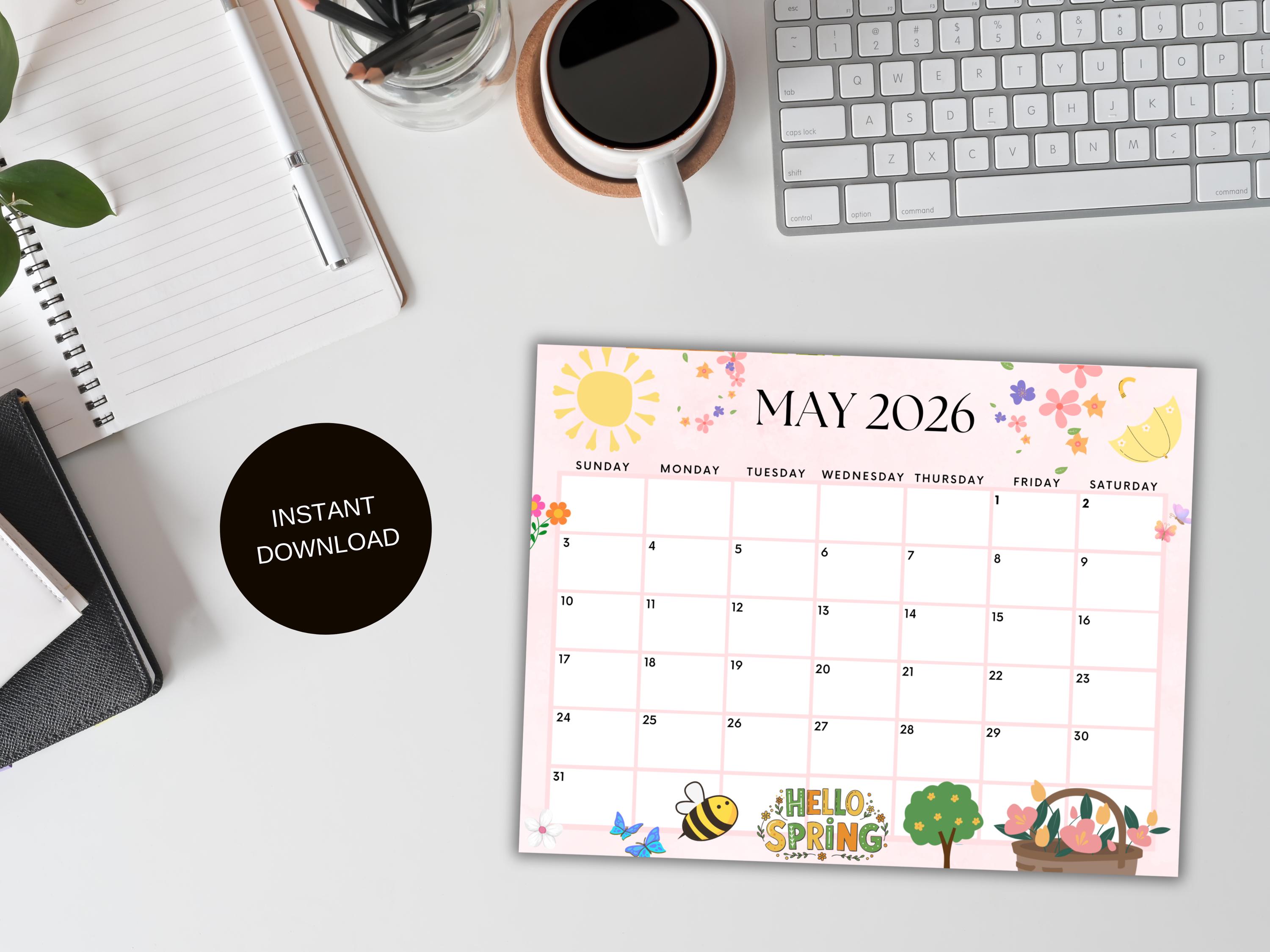 Editable May 2026 Calendar, Printable Calendar, Hello Spring W ...