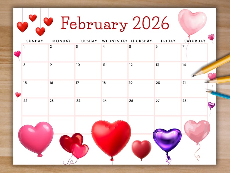 Editable February 2026 Calendar, Printable Valentines Day Calendar ...