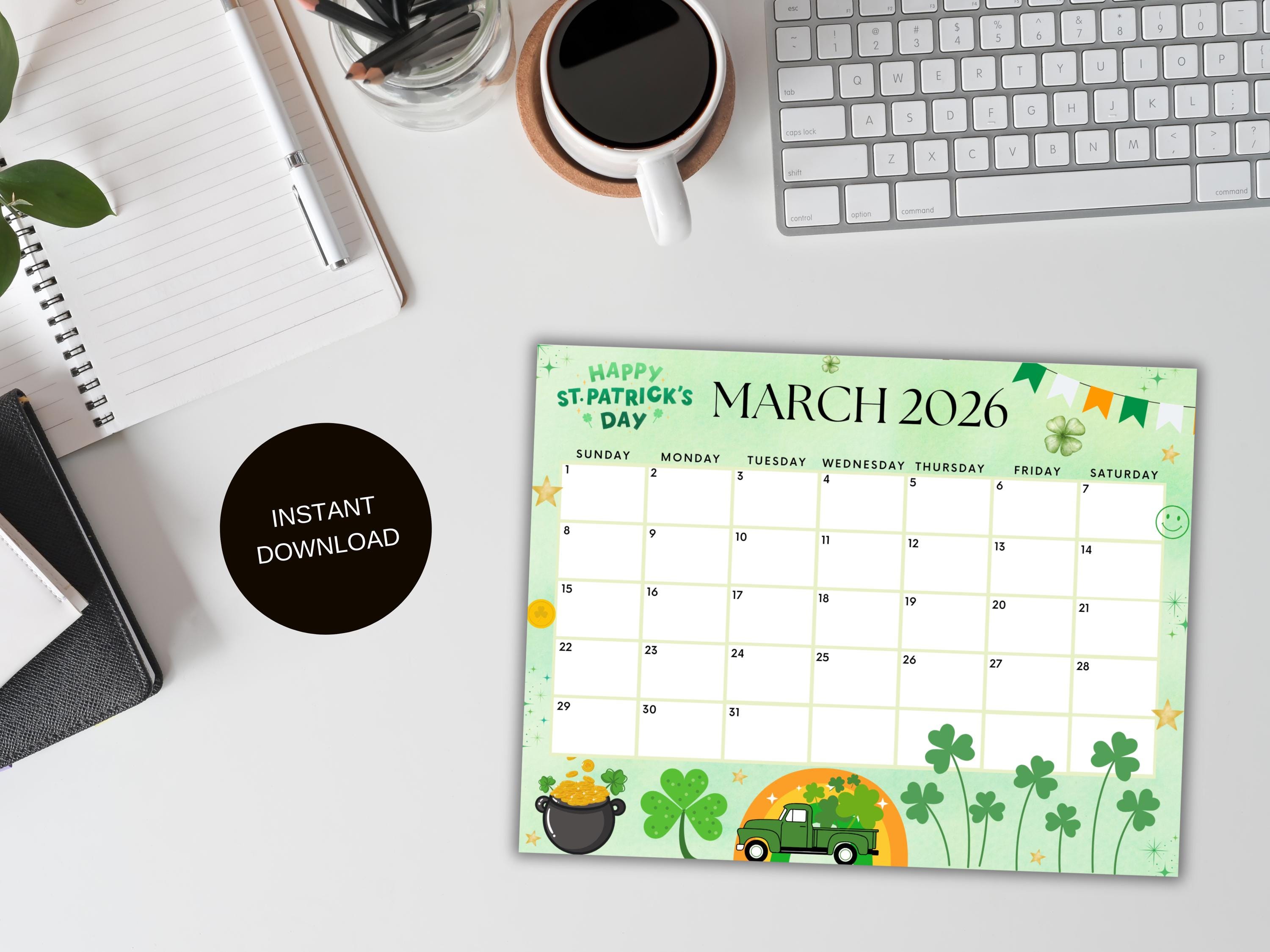 Editable March 2026 Calendar, Printable Calendar W/ 4 Leaf Clovers ...