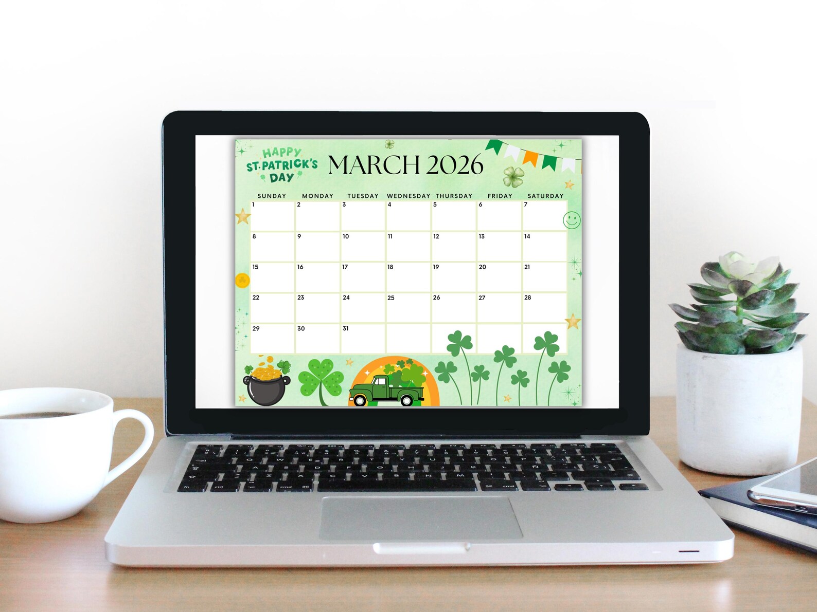 Editable March 2026 Calendar, Printable Calendar W/ 4 Leaf Clovers ...