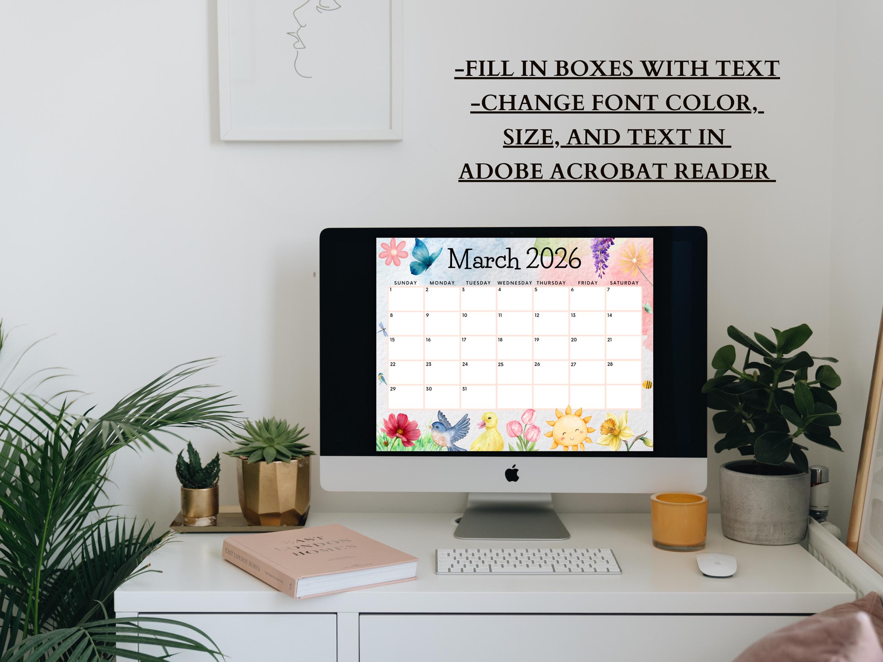 Editable March 2026 Calendar, Colorful Printable Calendar W/ Spring ...