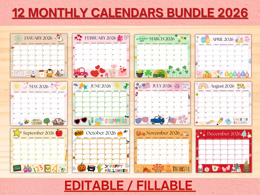 Editable 2026 Calendar Bundle- Nice Printable January Calendars- Cute ...