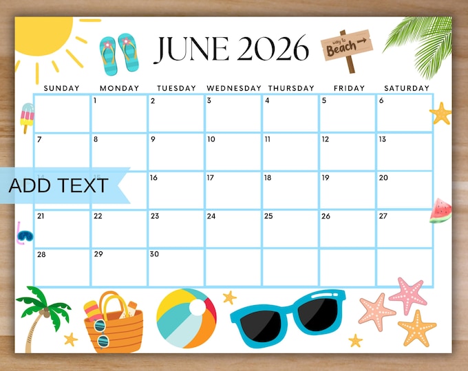 EDITIERBARER Juni Kalender 2026, druckbarer Kalender, Sommerkalender ...