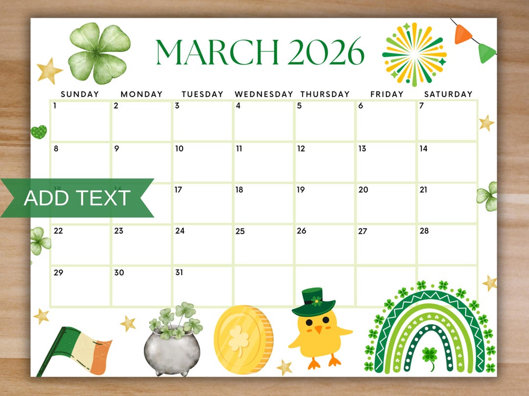 Editable March 2026 Calendar, Happy St Patricks Day, Printable ...