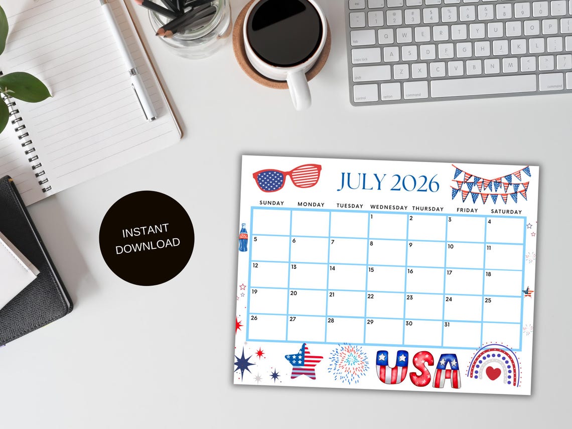 Editable July 2026 Calendar, Printable Calendar W/ Sunglasses and USA ...