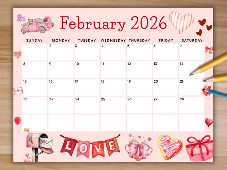 Editable February 2026 Calendar, Happy Valentines Day Printable ...