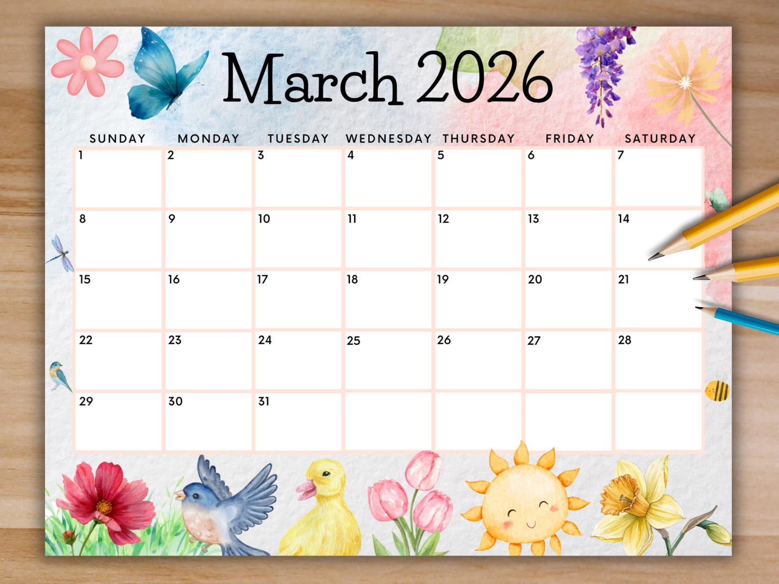 Editable March 2026 Calendar, Colorful Printable Calendar W/ Spring ...
