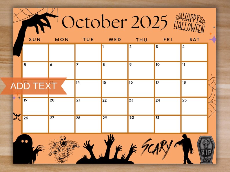 Editable October 2025 Calendar, Printable Scary Halloween Calendar W ...