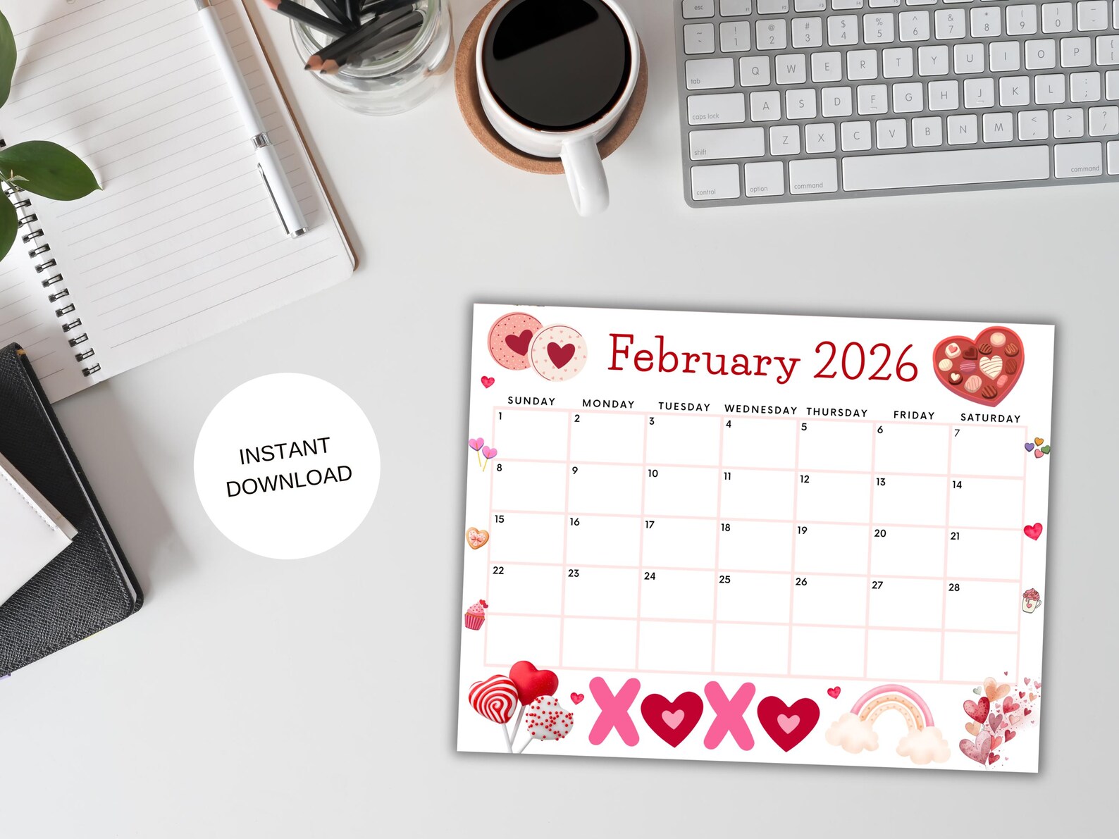 EDITABLE February 2026 Calendar, Printable Valentines Day Calendar ...