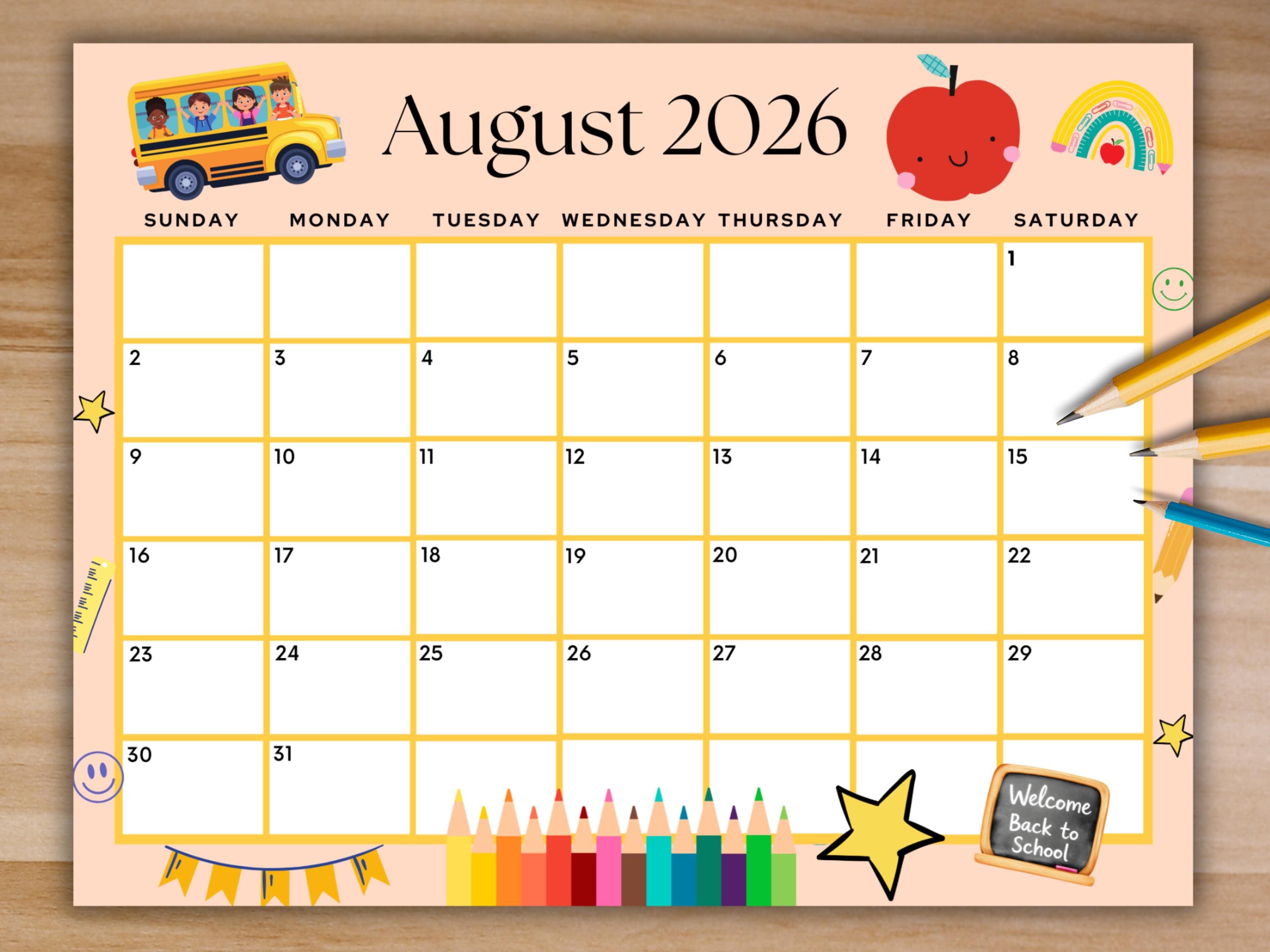 EDITABLE August 2026 Calendar, Printable Back to School Calendar W ...
