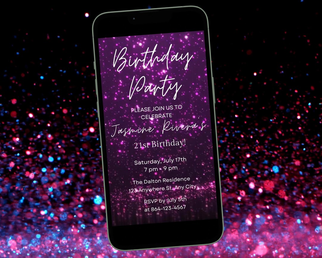 Digital Birthday Invitation Purple Falling Glitter for Any Age ...