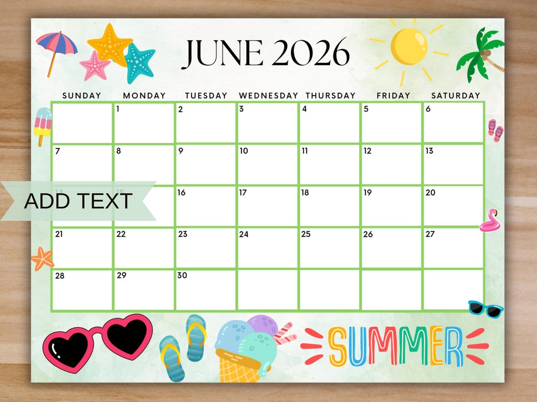 Editable June 2026 Calendar, Printable Calendar, Cute Green Summer ...