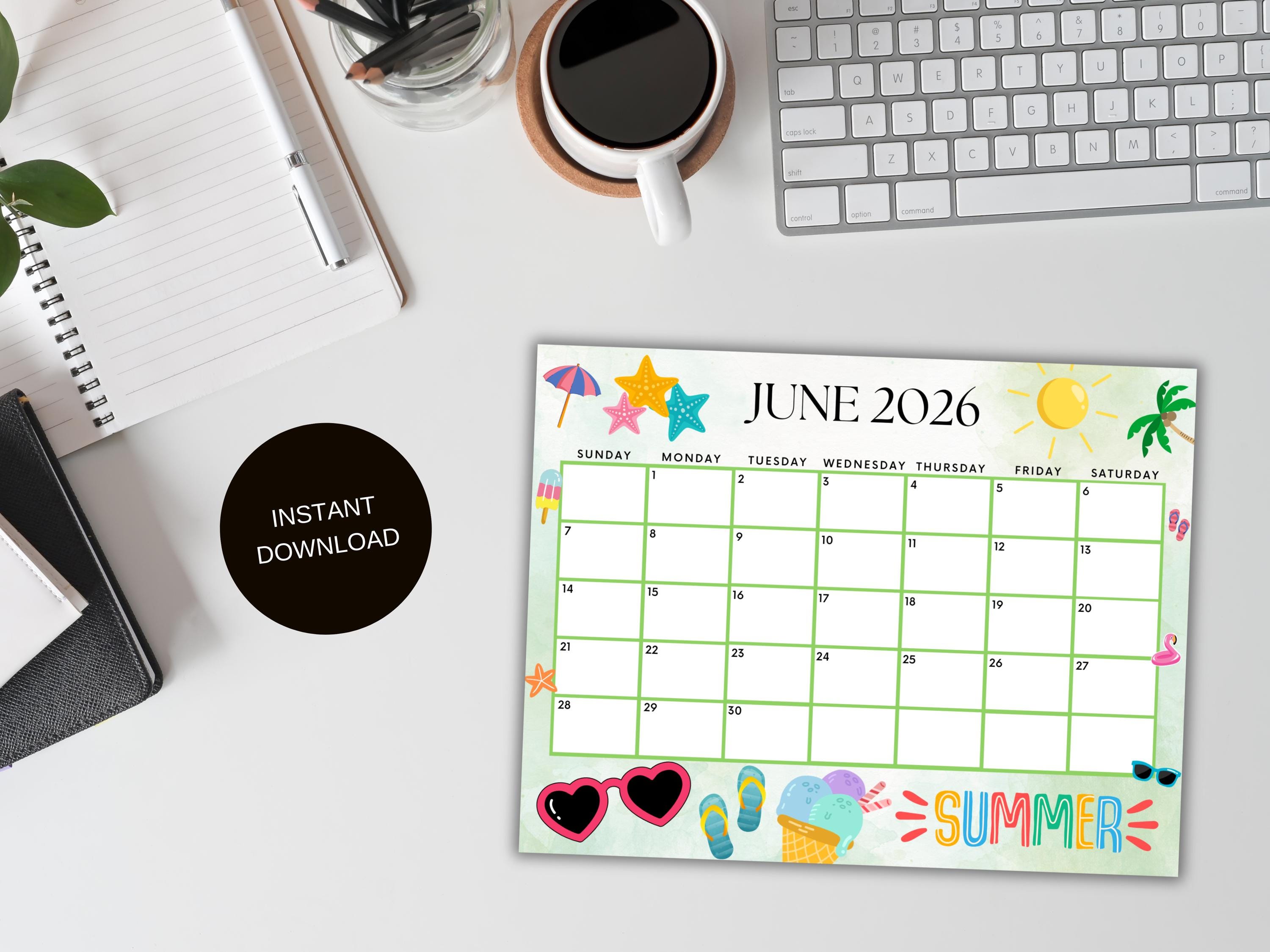 Editable June 2026 Calendar, Printable Calendar, Cute Green Summer ...