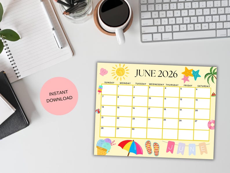 Editable June 2026 Calendar, Printable Calendar, Cute Yellow Summer ...