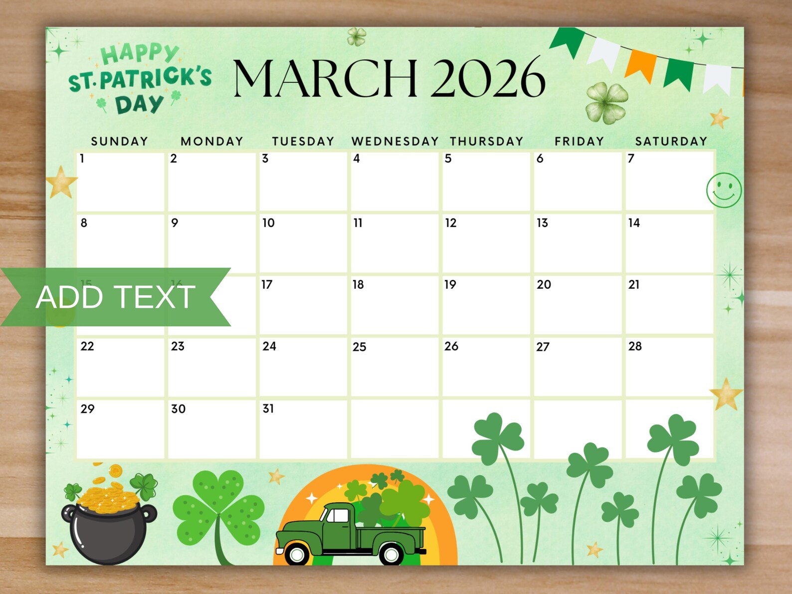 Editable March 2026 Calendar, Printable Calendar W/ 4 Leaf Clovers ...
