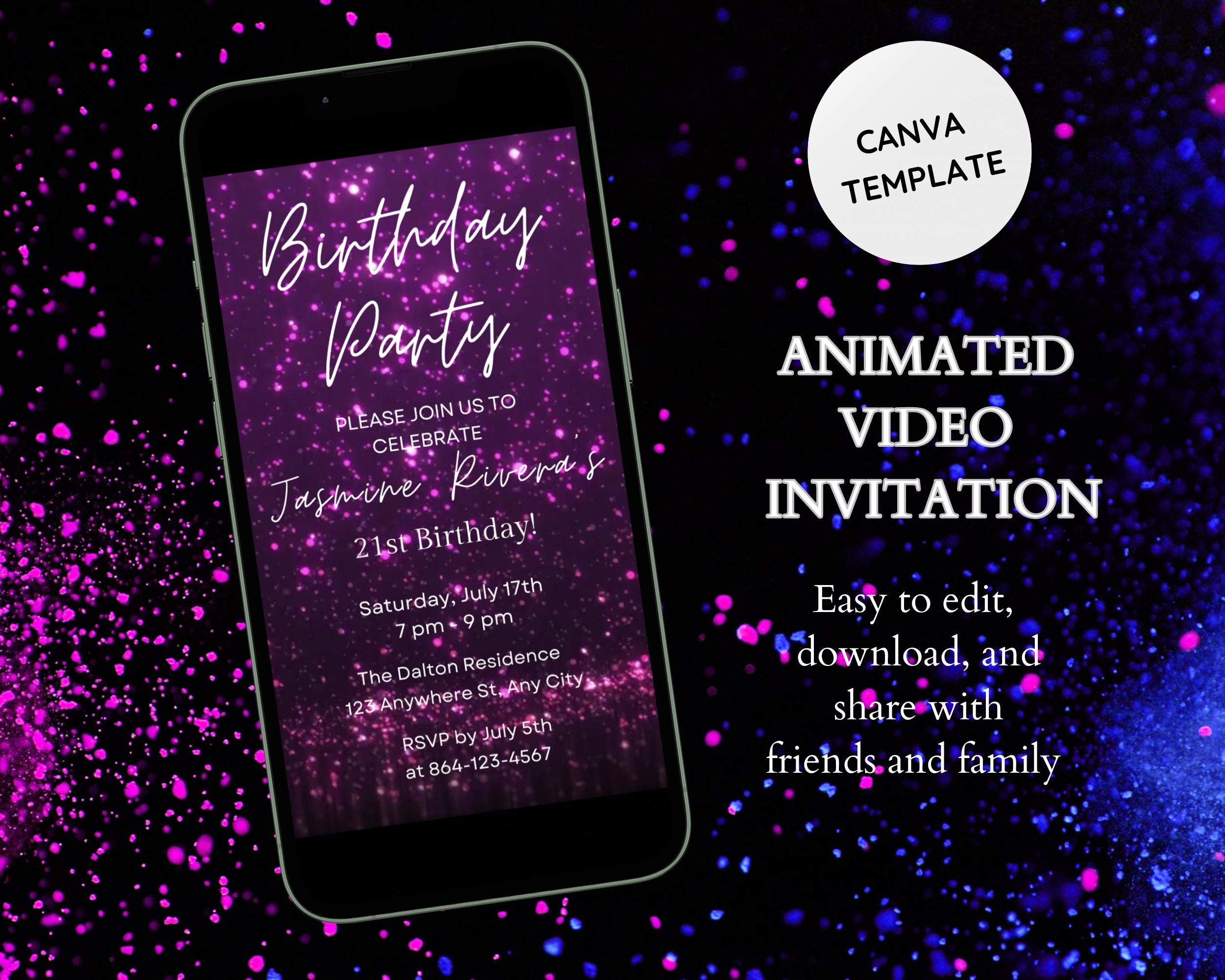 Digital Birthday Invitation Purple Falling Glitter for Any Age ...